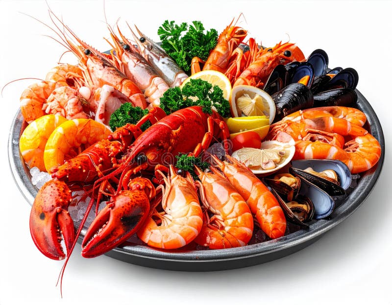 Assorted Cooked Seafood Platter Featuring Lobster Shrimp and Mussels on ...