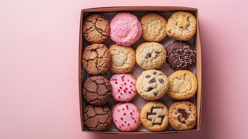 Assorted Cookies in a Box on a Pastel Pink Background. Stock Image ...