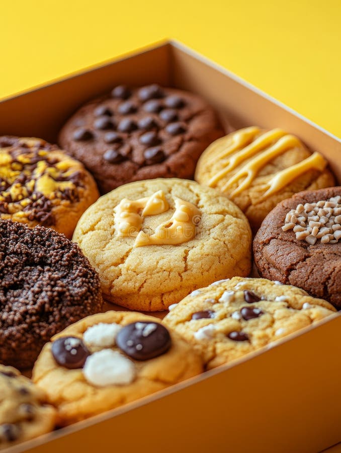 Assorted Cookies in a Box on a Yellow Background. Stock Photo - Image ...