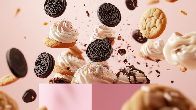 Assorted Cookies and Chocolate Flying Over Pink Box Stock Photo - Image ...