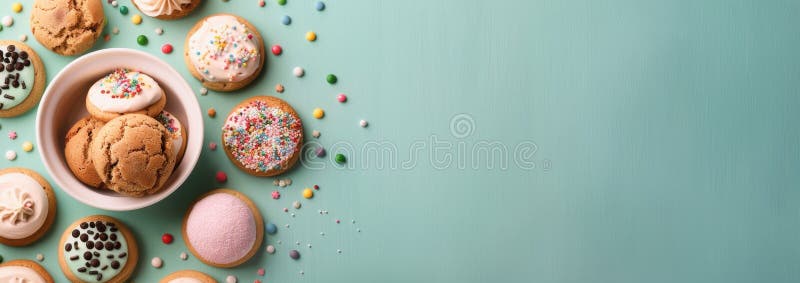 Assorted Cookies with Decorative Sprinkles on Light Blue Background ...