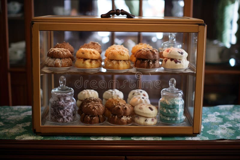 Assorted Cookies and Muffins in a Vintage Display Case Stock ...