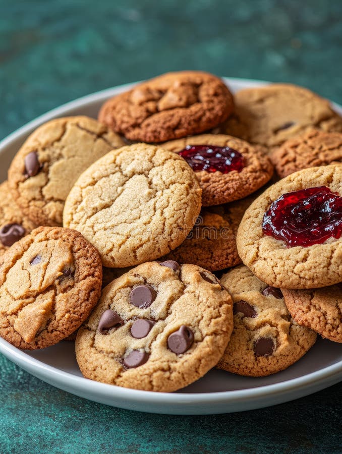 Assorted Cookies on a Plate with Chocolate Chips and Jam. Stock Photo ...
