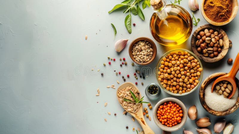 Assorted Cooking Ingredients and Spices on a Light Background Stock ...