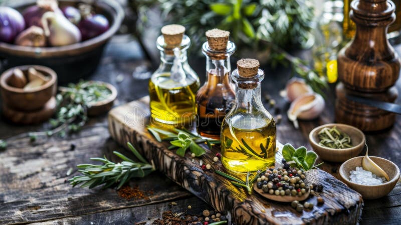 Assorted Cooking Oils Herbs Wooden Table Stock Photos - Free & Royalty ...
