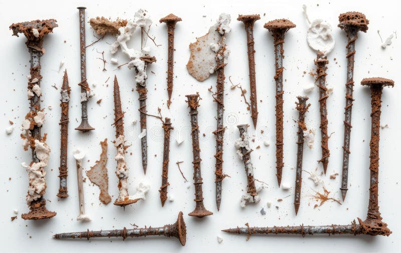 Rusty Nails and Corrosion on White Background Showcasing Decay and Age ...