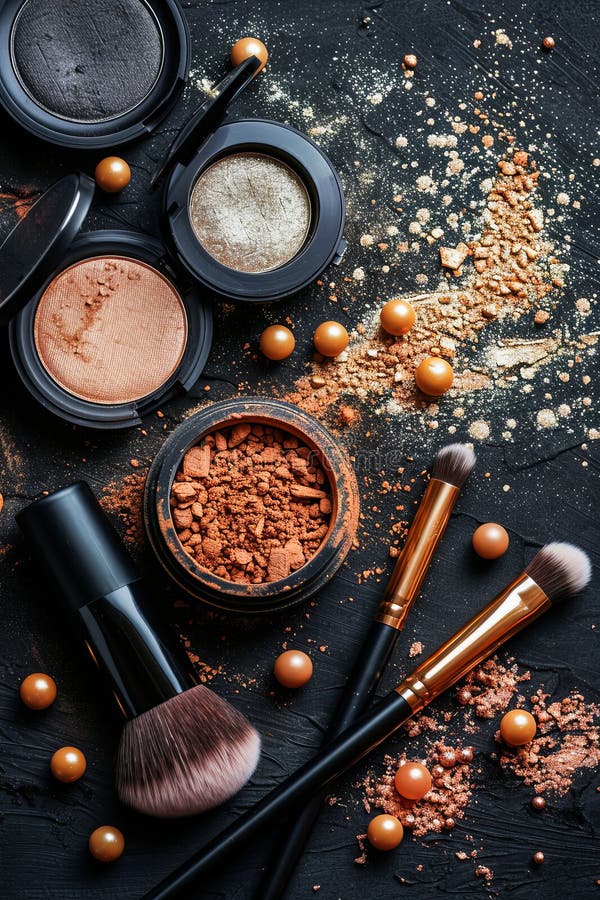 Assorted Cosmetic Products and Brushes Scattered on a Dark Surface ...