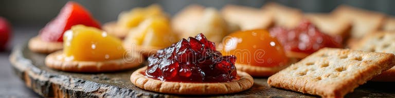 Assorted Crackers with Fruit Jams and Jellies on Rustic Wooden Board ...