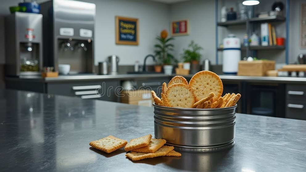 Assorted Crackers in Metal Container on Modern Kitchen Counter Stock ...