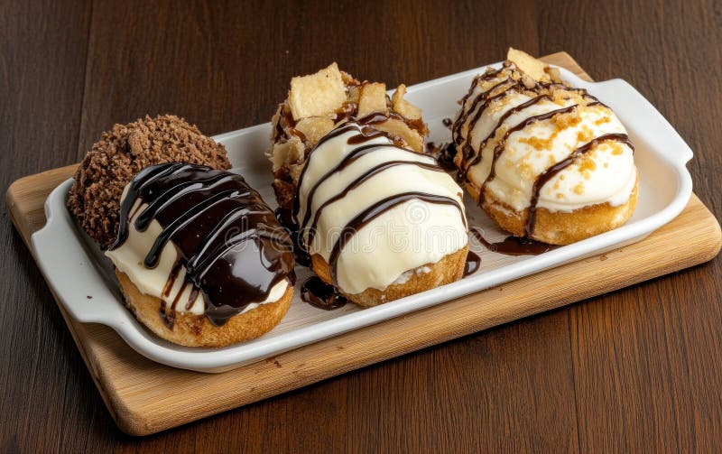 Assorted Cream Puffs with Chocolate Caramel and White Cream Toppings ...