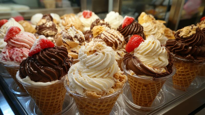 Assorted Creamy Soft-serve Ice Creams in Waffle Cones with Toppings ...