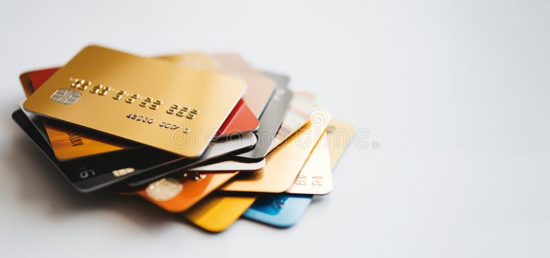 Assorted Credit and Debit Cards Stack on White Background, Financial ...