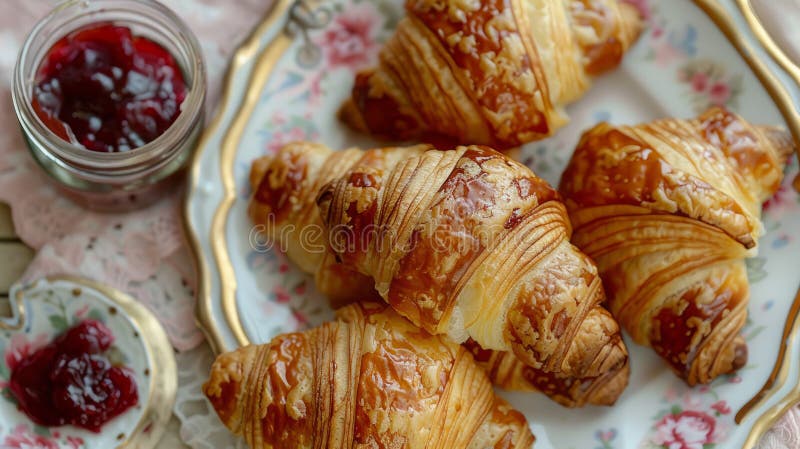 Assorted Croissants on a Decorative Plate with Jam. Stock Image - Image ...