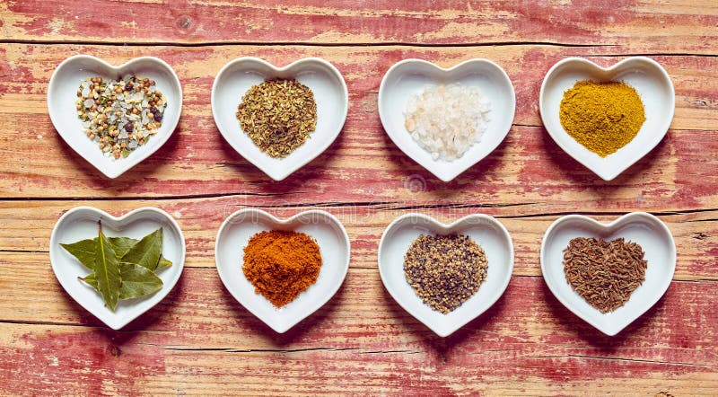 Assorted Culinary Spices in Heart Shaped Dishes Stock Image - Image of ...