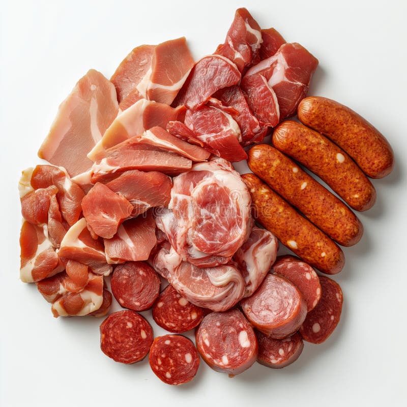 Assorted Cured and Fresh Meats with Sausages on White Background Stock ...