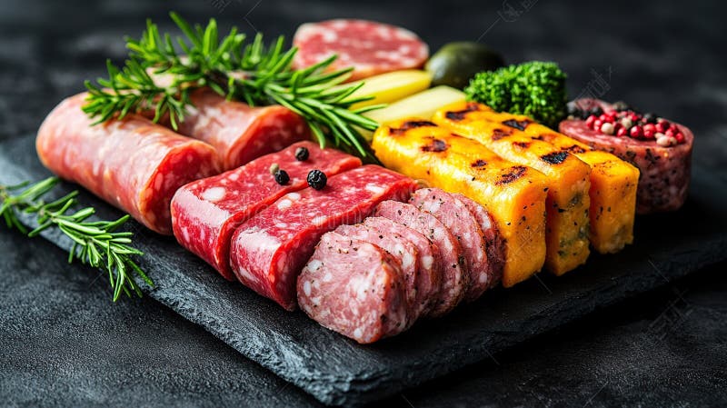 Assorted Cured Meats and Cheeses on a Slate Board Stock Illustration ...