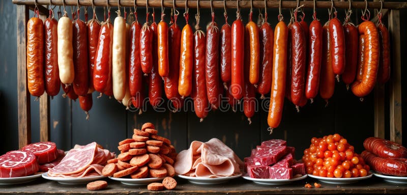 Assorted Cured Meats, Sausages Hang in Rustic Display. Different Types ...