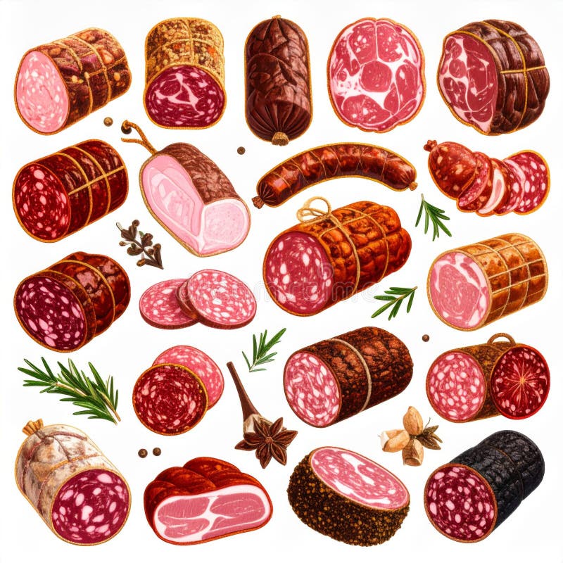 Assorted Cured Meats on White Background Featuring Pixel Art Style ...