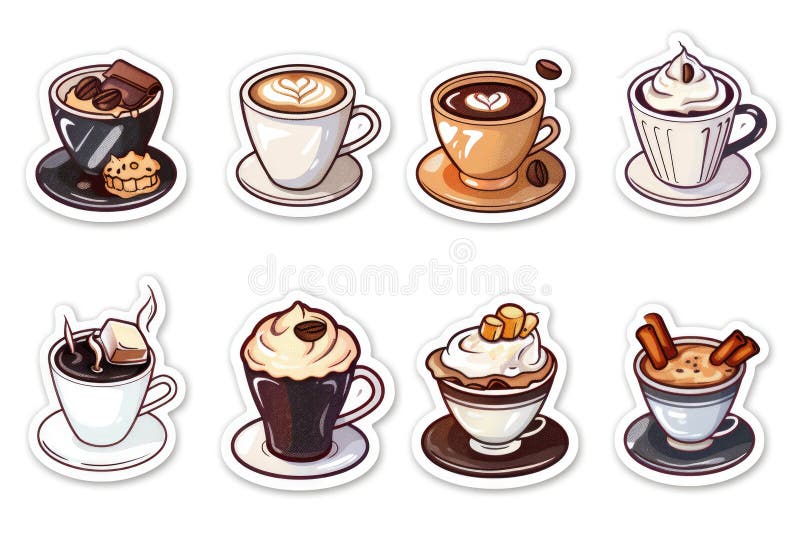 Assorted Cute Coffee Cup Characters on a Sticker Sheet Stock ...