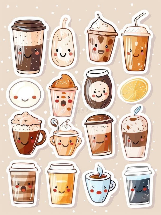 Assorted Cute Coffee Cup Characters on a Sticker Sheet Stock ...