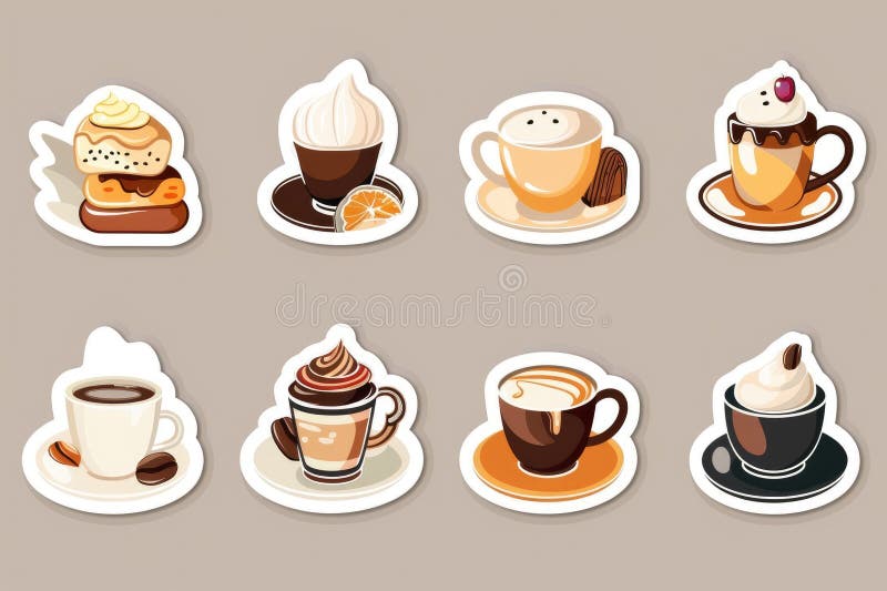 Assorted Cute Coffee Cup Characters on a Sticker Sheet Stock ...