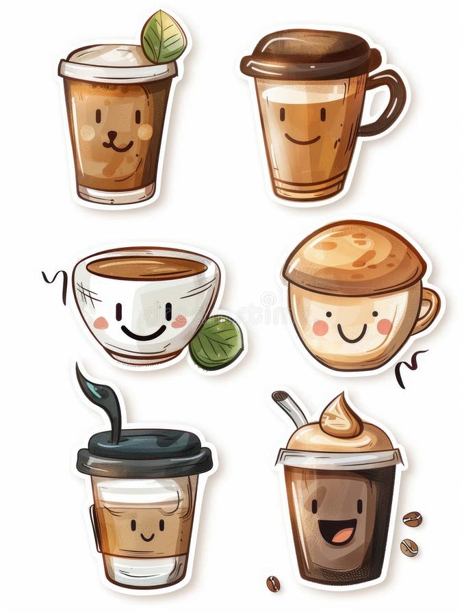 Assorted Cute Coffee Cup Characters on a Sticker Sheet Stock ...