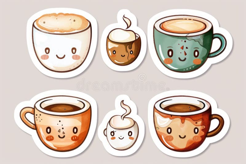 Assorted Cute Coffee Cup Characters on a Sticker Sheet Stock ...