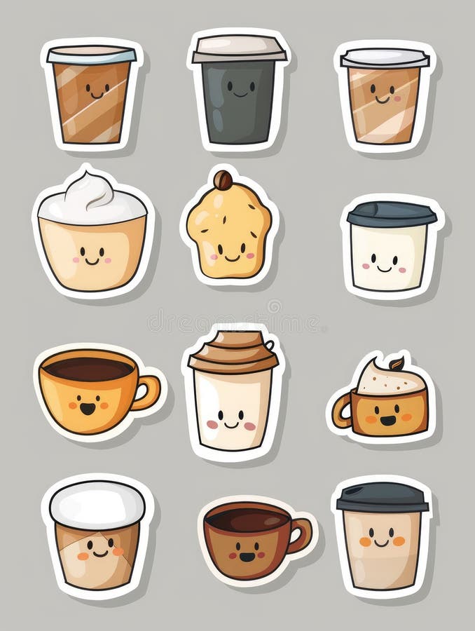 Assorted Cute Coffee Cup Characters on a Sticker Sheet Stock ...