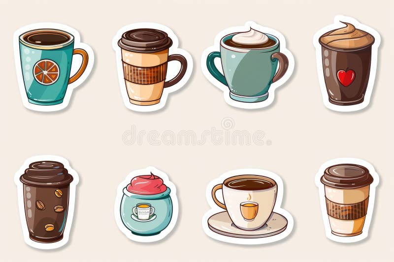 Assorted Cute Coffee Cup Characters on a Sticker Sheet Stock ...