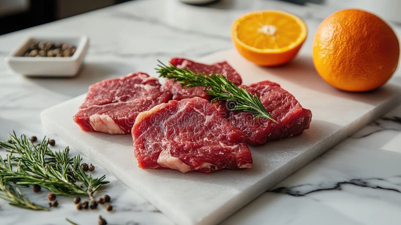 Assorted Cuts of Meat and an Orange on Marble Countertop: Showcasing ...