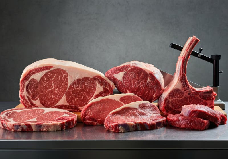 Assorted Cuts of Premium Beef Showcasing Marbling and Freshness Stock ...