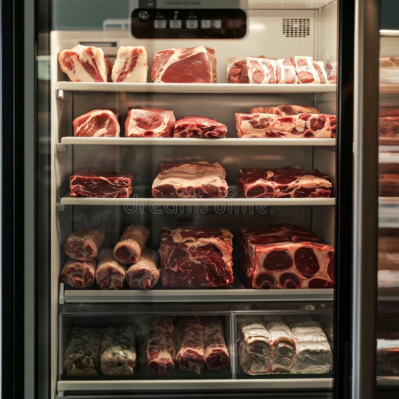 Assorted Cuts of Raw Beef on Display in Refrigerated Meat Case with ...