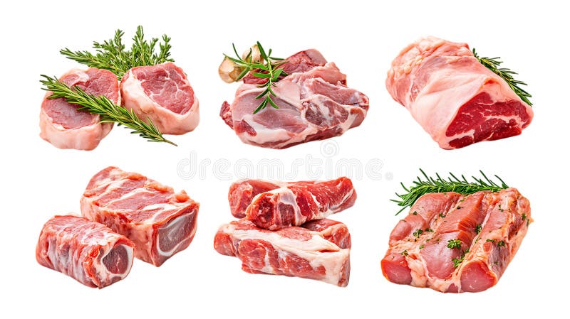 Assorted Cuts of Raw Meat Displayed on a Plain Surface on Transparent ...