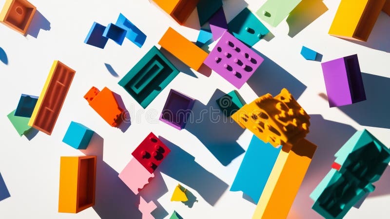 Assorted 3D Geometric Shapes in a Colorful Layout with Textured Shadows ...