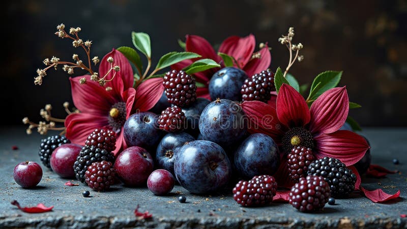 Assorted Dark Berries and Red Flowers Display on Stone Surface Stock ...