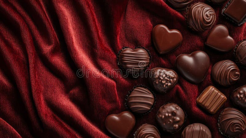 Assorted Dark Chocolate Candies on Red Velvet Fabric Stock Illustration ...