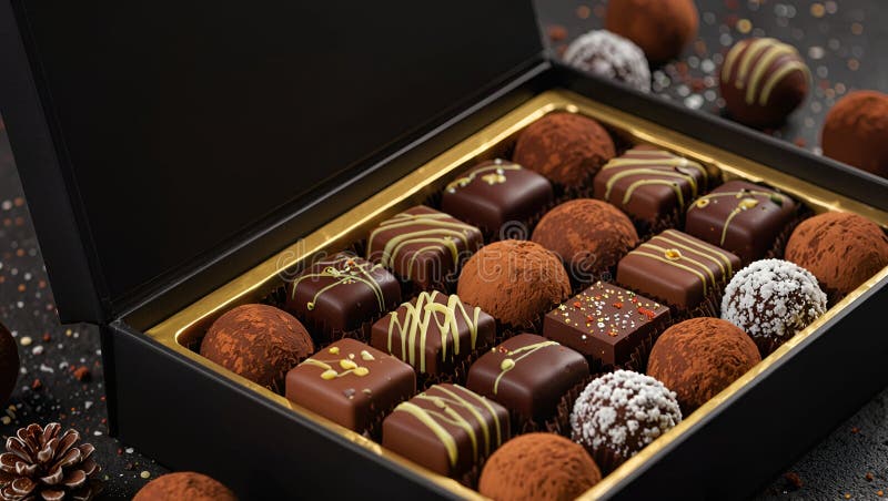Assorted Dark Chocolate Truffles in Black Gift Box Stock Illustration ...