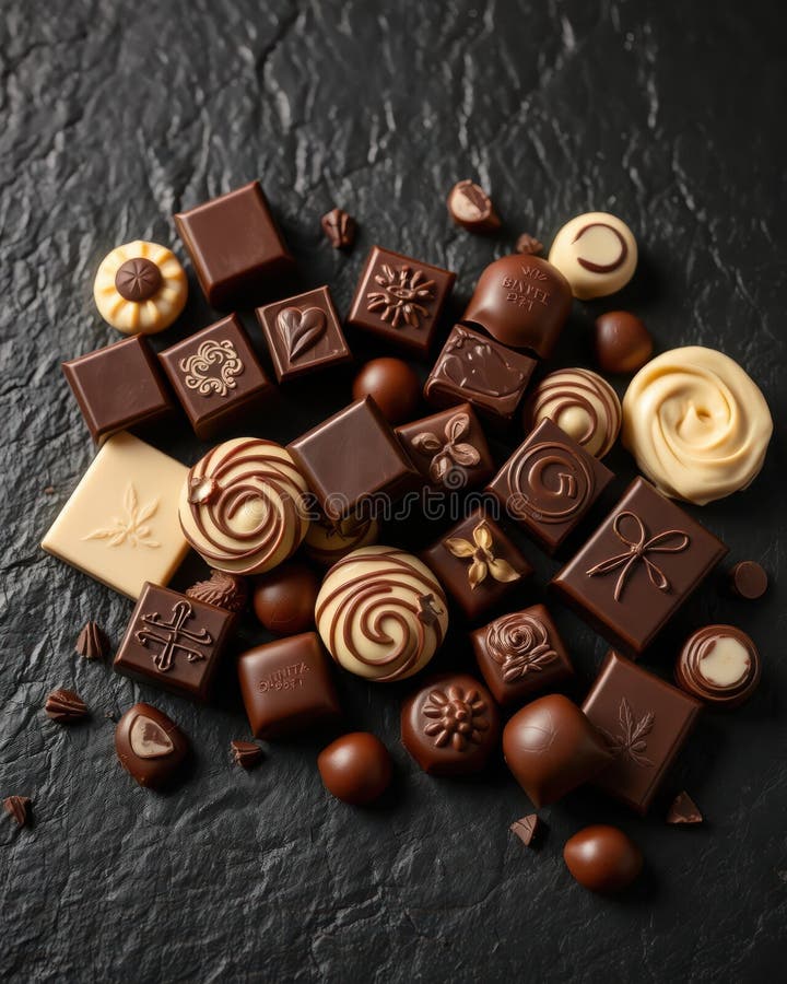 Assorted Dark and White Chocolate Confections on Dark Background Stock ...