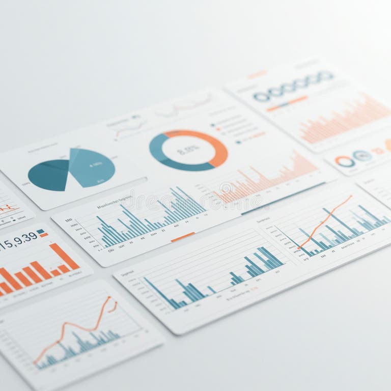 Assorted Data Visualizations on Paper, Including Pie Charts, Bar Graphs ...