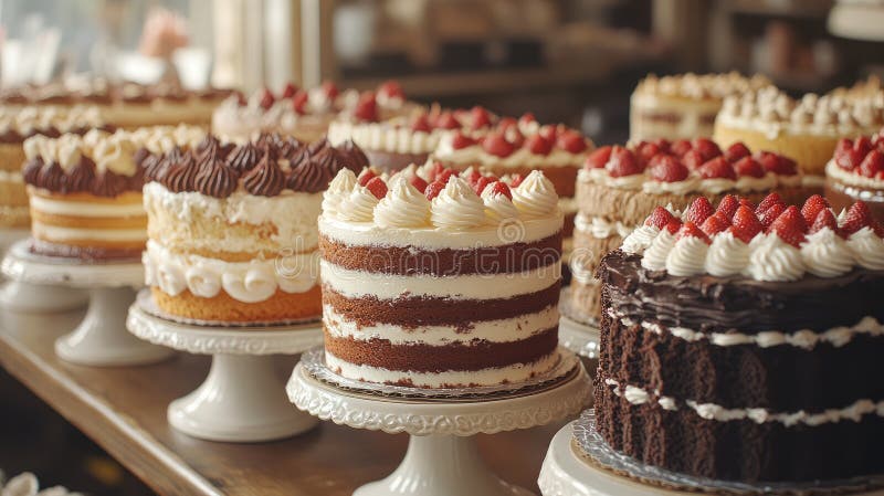 Assorted Decorated Cakes on Display Stands in a Bakery. Stock Photo ...