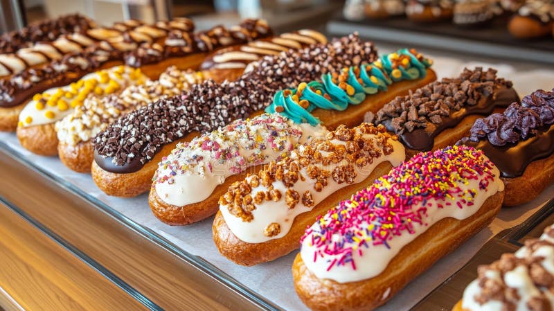Assorted Decorated Eclairs with Creative Toppings in a Bakery Display ...