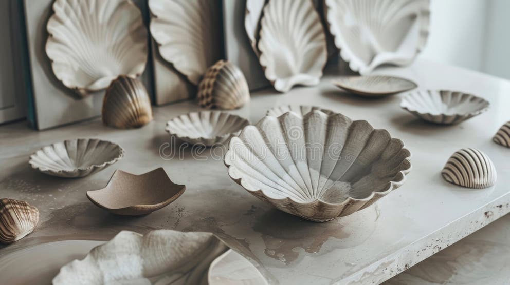 Assorted Decorative Ceramic Bowls and Shells on a Table Stock ...