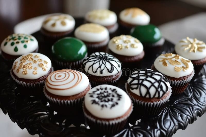Assorted Decorative Cupcakes with Black and White Icing Designs Stock ...
