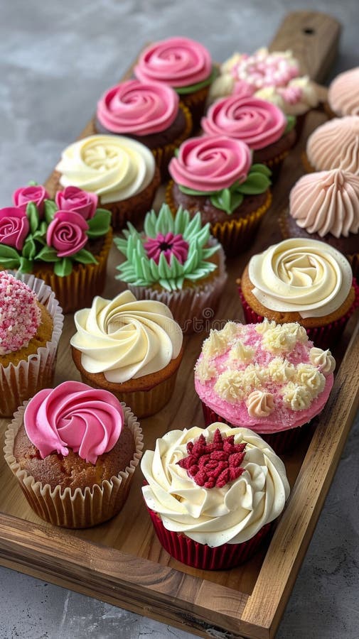 Assorted Decorative Cupcakes in Tray - Beautiful Frosted Designs and ...