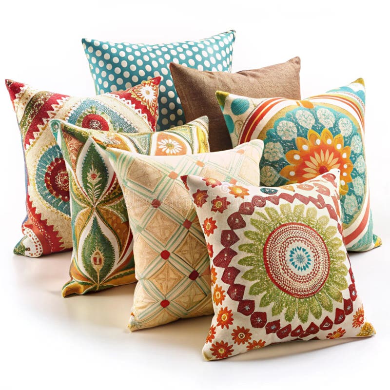 Assorted Decorative Cushions Featuring Bold Patterns and Textures ...