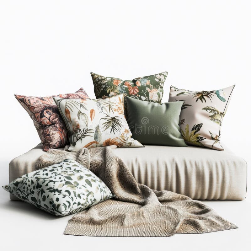 Assorted Decorative Pillows with Botanical Prints on Neutral Sofa, Cozy ...
