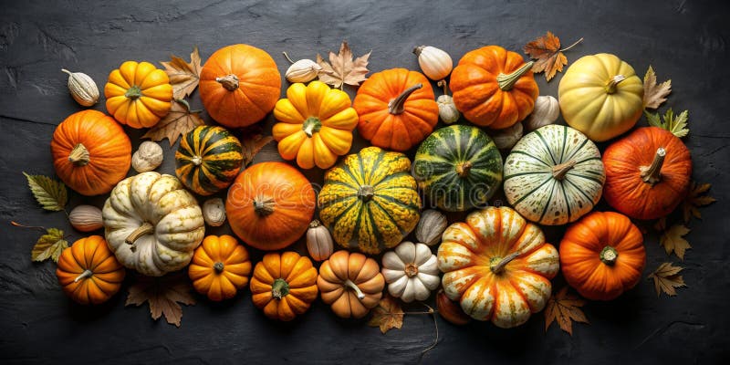 Assorted Decorative Pumpkins Arranged on Black Background Top View for ...