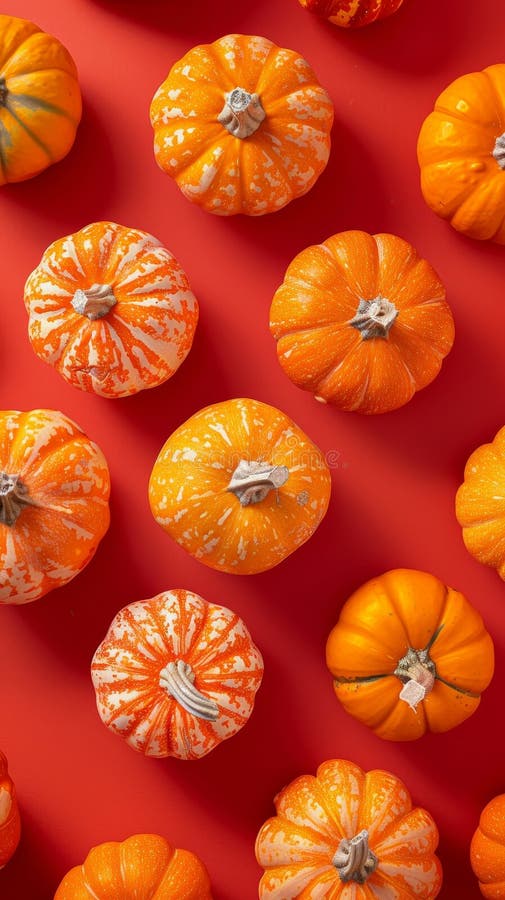 Assorted Decorative Pumpkins on Red Backdrop, Top View Ideal for ...