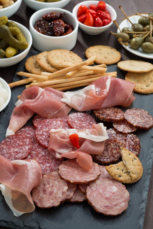 Assorted Deli Meats and a Glass of Wine, Top View Stock Photo - Image ...