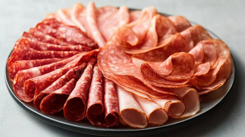 Assorted Deli Meats Platter on Dark Plate - Appetizing Charcuterie ...